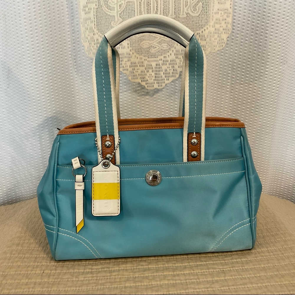 Coach - Hampton Aqua Blue Satin Bag W/Leather Trim, W… - Gem